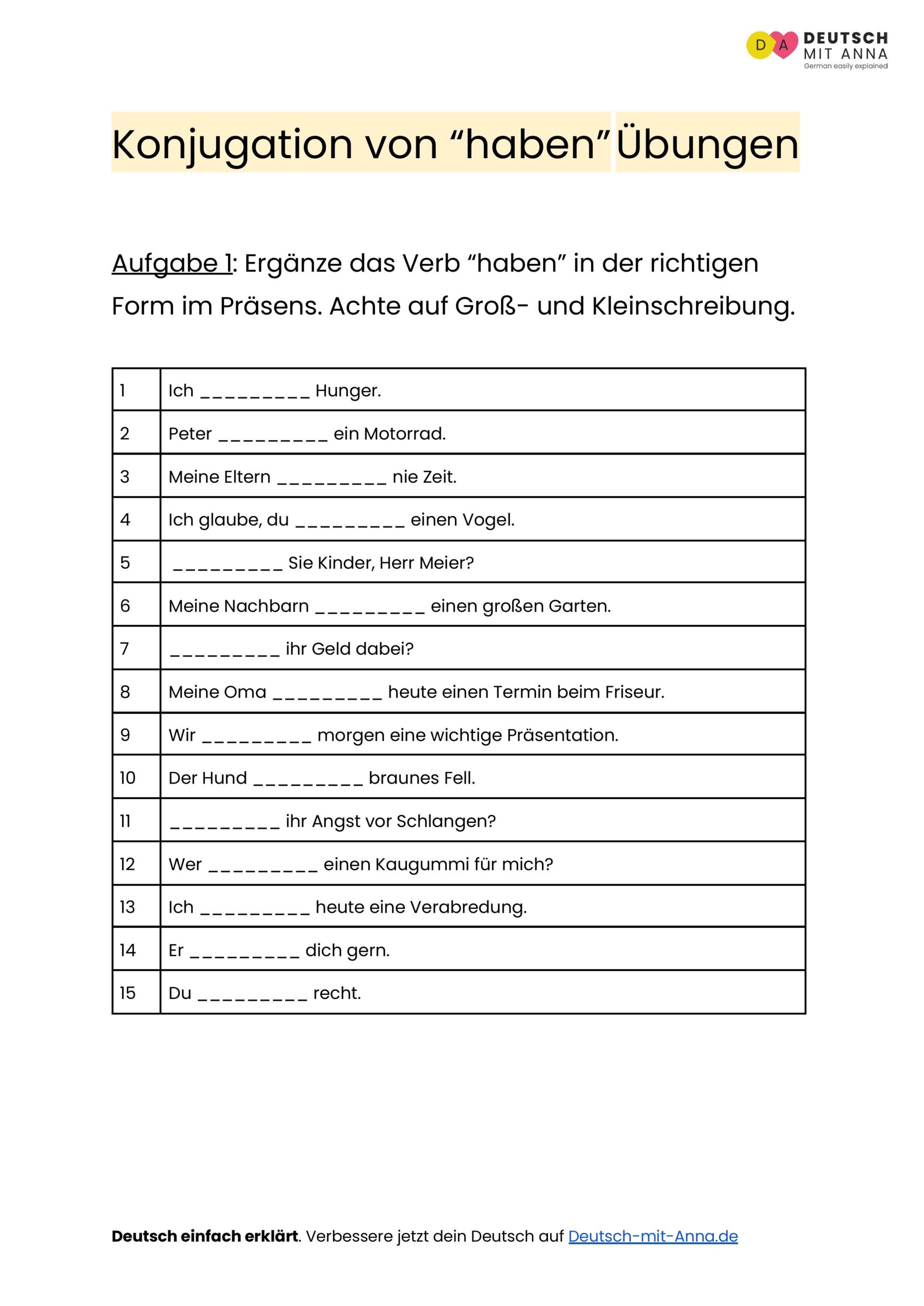 Konjugation von “haben” Übungen • mit Lösungen (A1 - B2) + PDF
