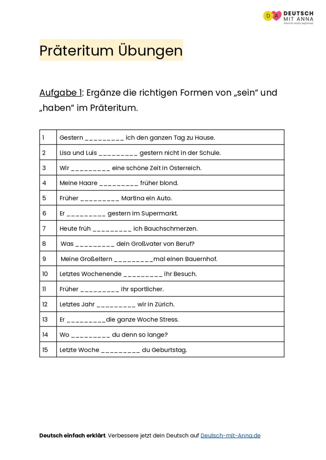Präteritum Übungen • mit Lösungen (A1 - B2) + PDF