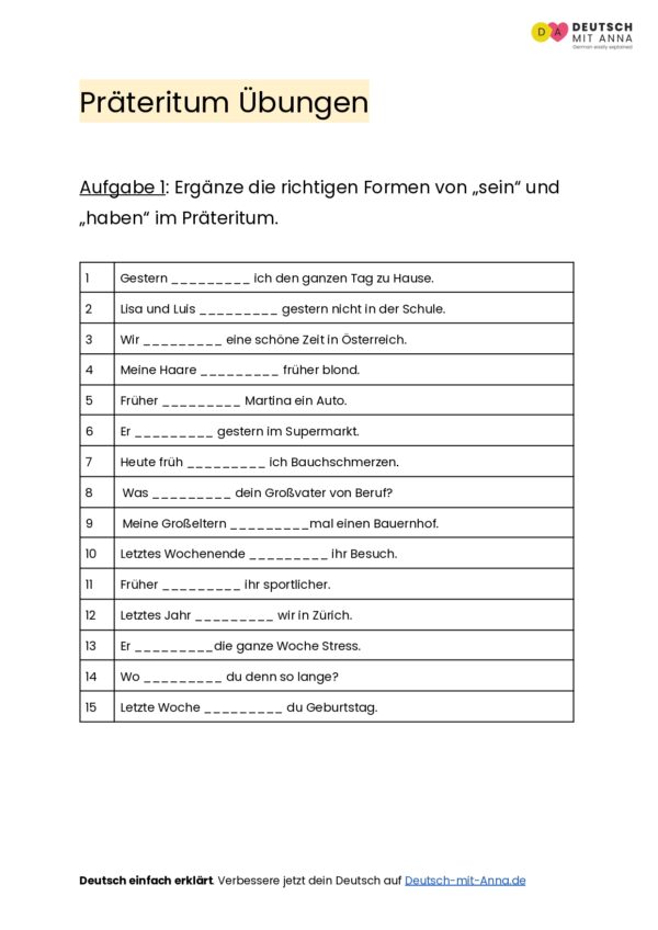 Präteritum Übungen • mit Lösungen (A1 - B2) + PDF