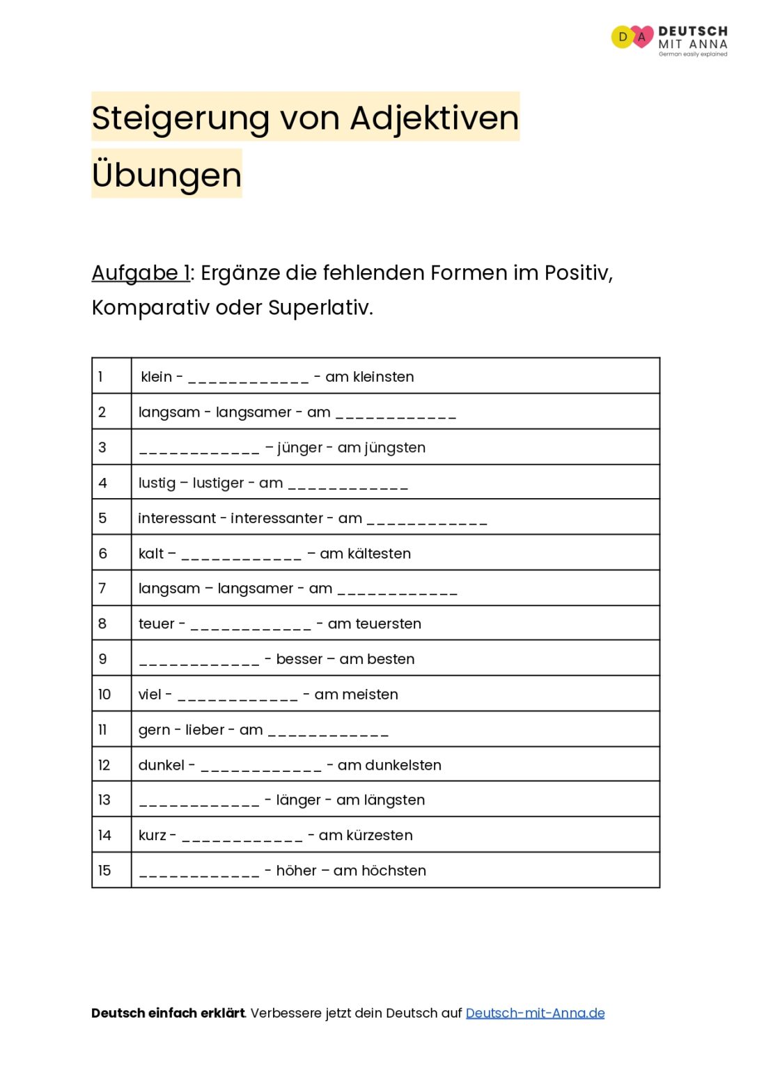 Steigerung von Adjektiven Übungen • mit Lösungen (A1 - B2) + PDF