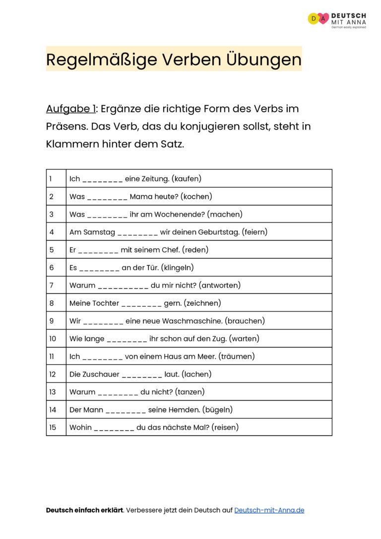 Regelmäßige Verben Übungen • mit Lösungen (A1 - B2) + PDF