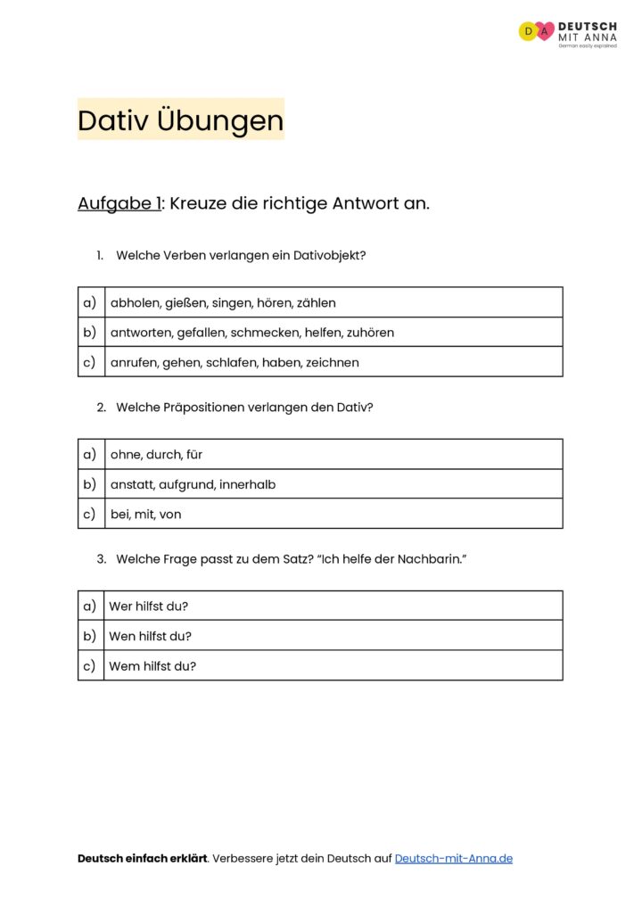Dativ Übungen • mit Lösungen (A1 - B2) + PDF