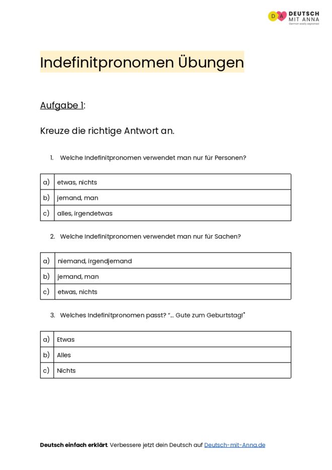 Indefinitpronomen Übungen • mit Lösungen (A1 - B2) + PDF