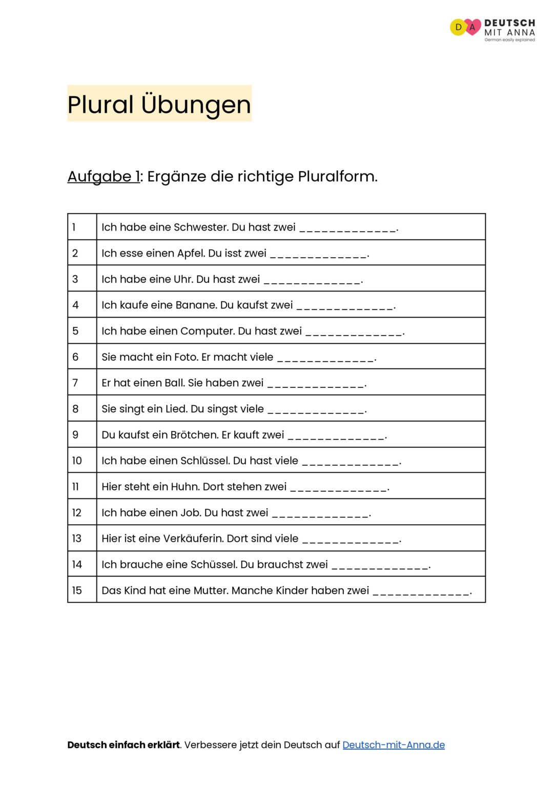 Plural Übungen - jetzt Deutsch online üben! (mit Gratis-PDF)
