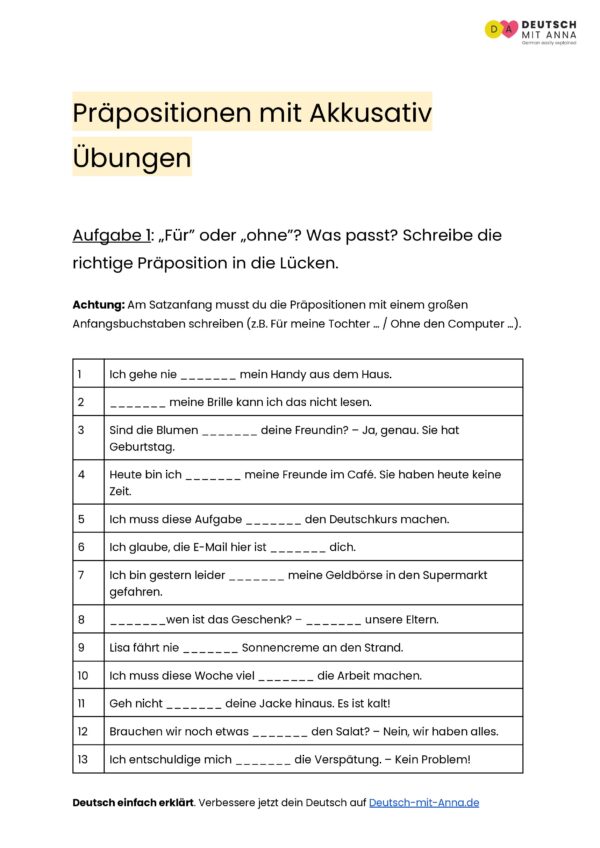 Präpositionen mit Akkusativ Übungen • mit Lösungen + PDF
