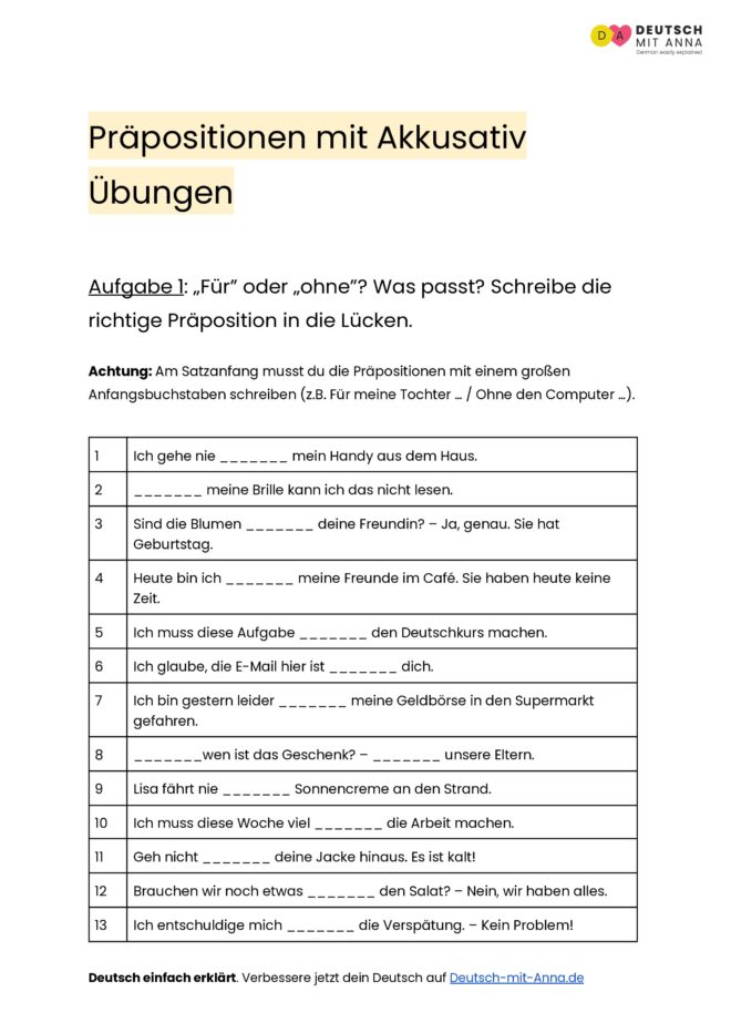 Präpositionen mit Akkusativ Übungen • mit Lösungen + PDF