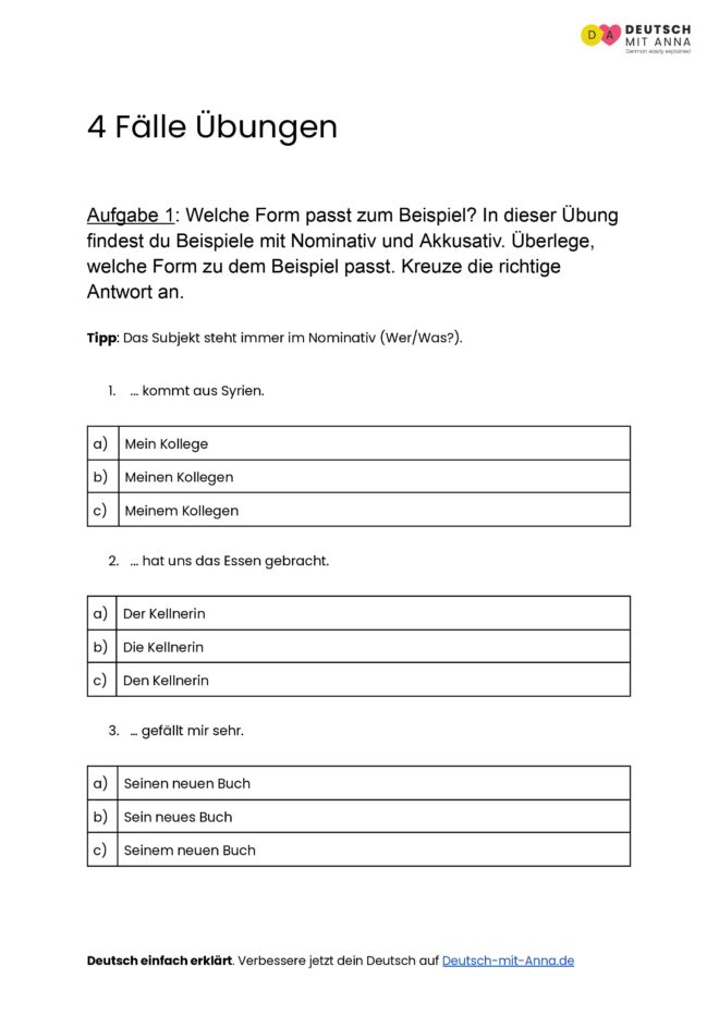4 Fälle Übungen • mit Lösungen (+ PDF)