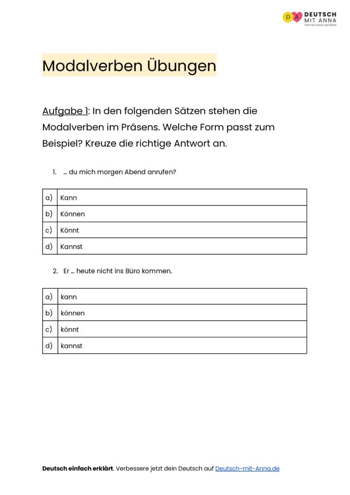 Modalverben Übungen • mit Lösungen (A1 - B2) + PDF