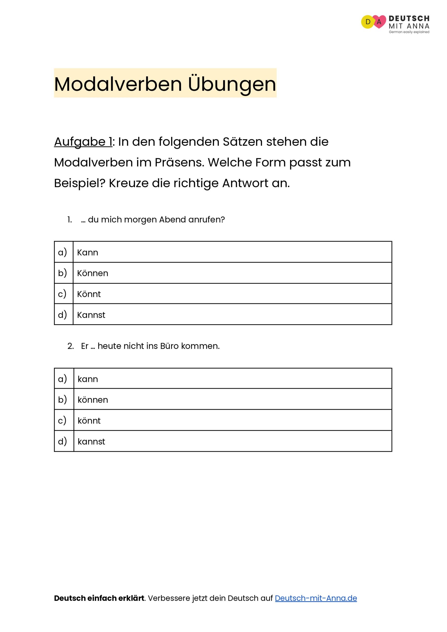 Modalverben Übungen • mit Lösungen (A1 - B2) + PDF