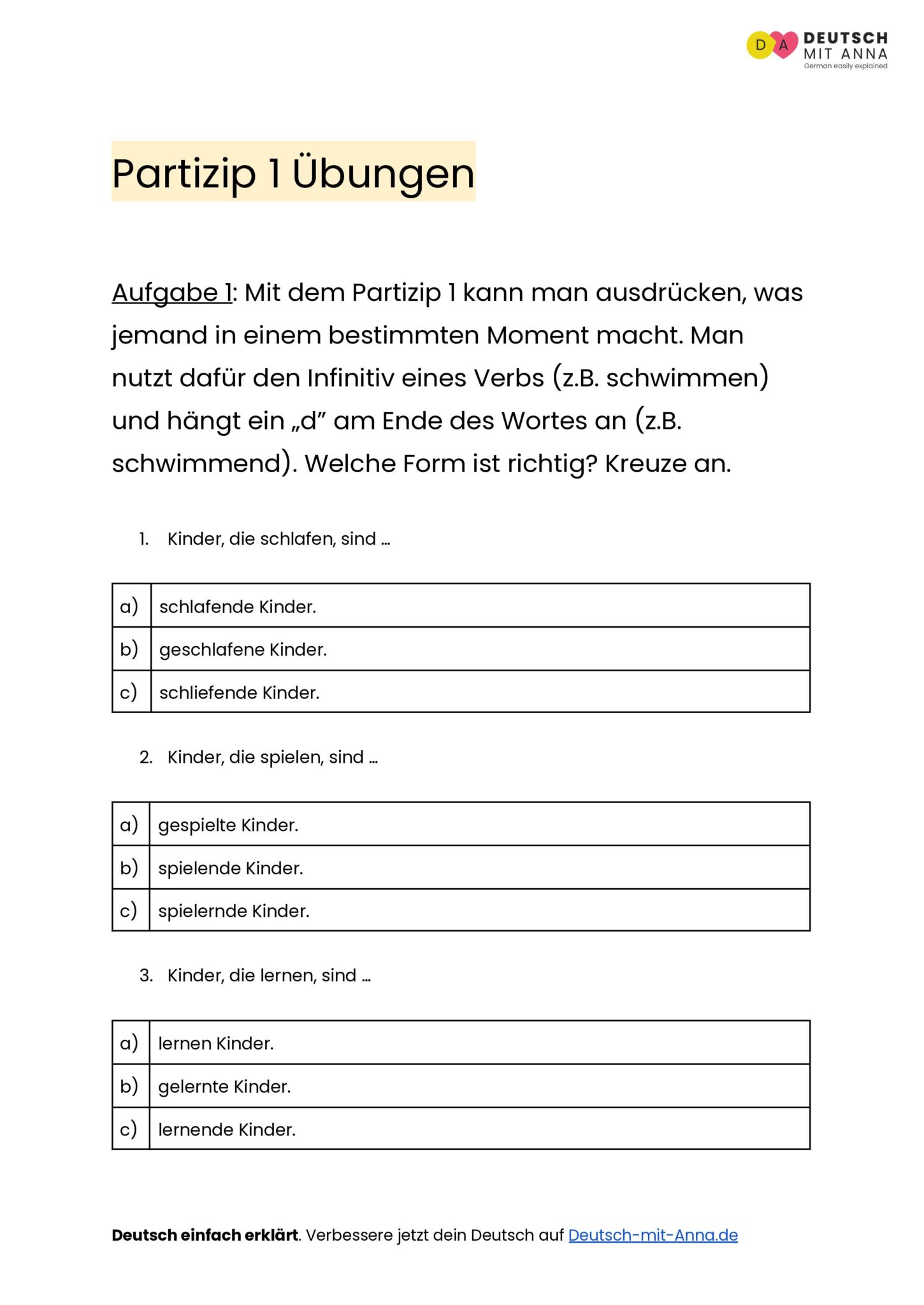 Online Partizip 1 Übungen mit Lösungen & PDF - los geht's!