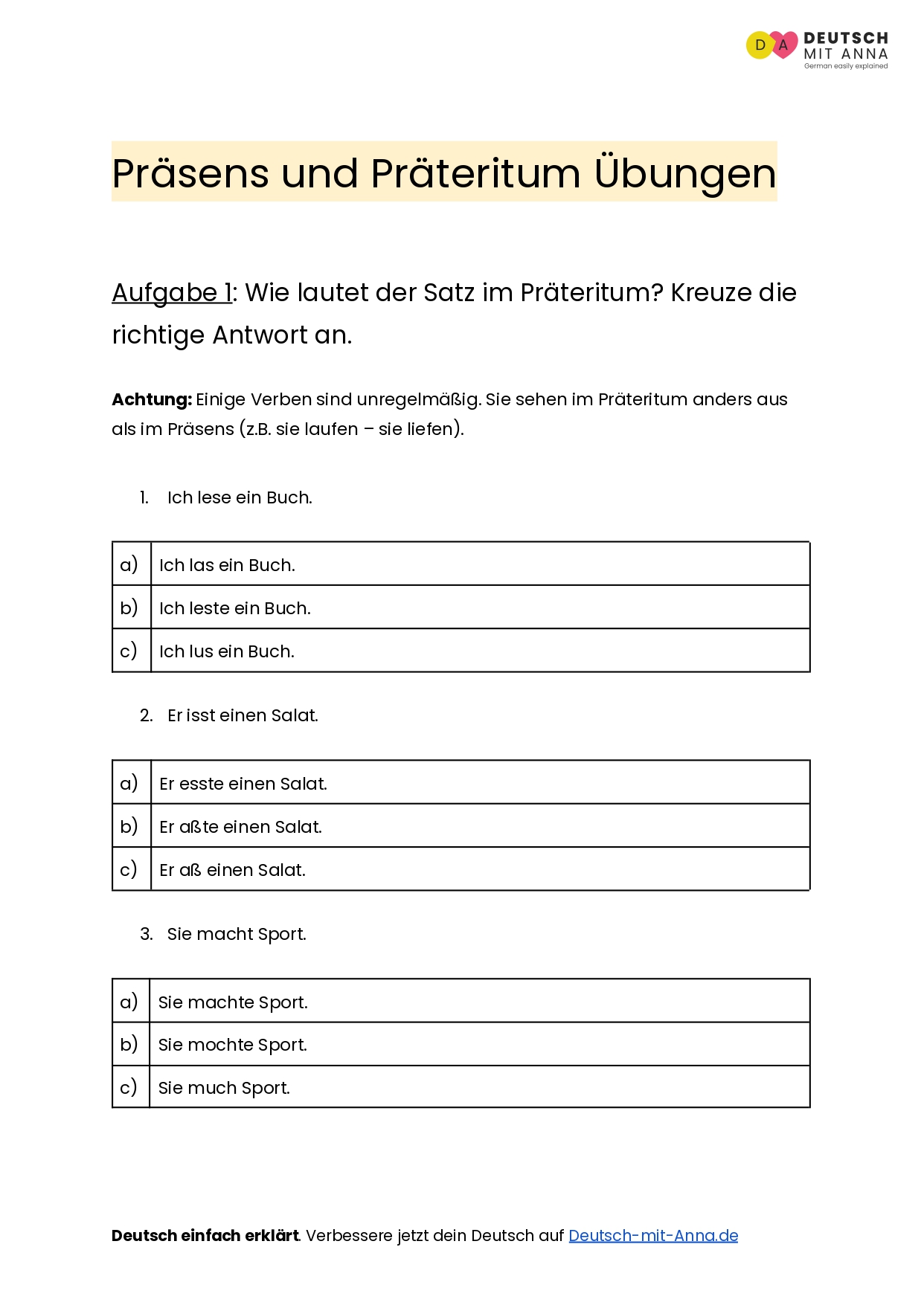 Präsens und Präteritum Übungen • mit Lösungen (A1 - B2) + PDF