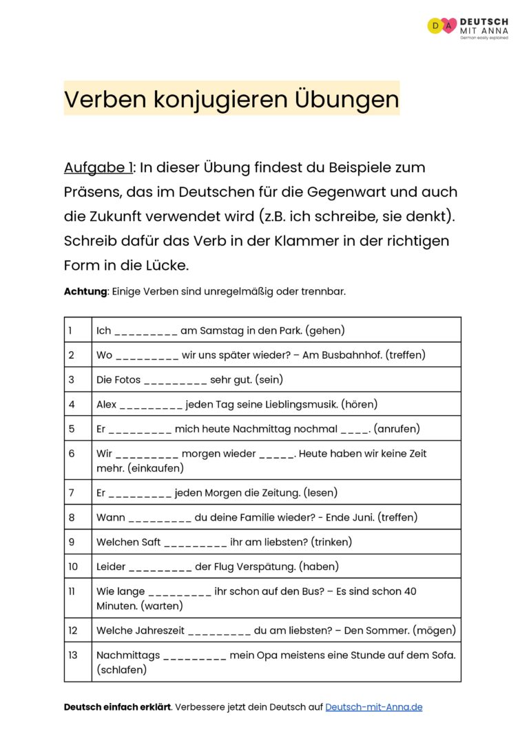 Verben konjugieren Übungen • mit Lösungen (A1 - B2) + PDF