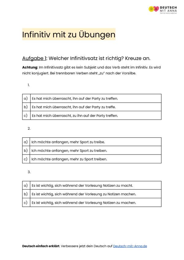 Infinitiv mit zu Übungen • mit Lösungen (A1 - B2) + PDF