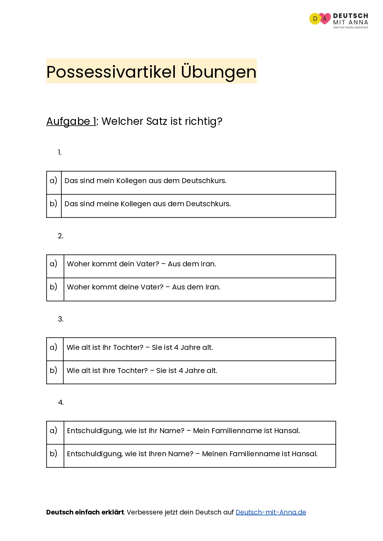 Possessivartikel Übungen • mit Lösungen (A1 - B2) + PDF