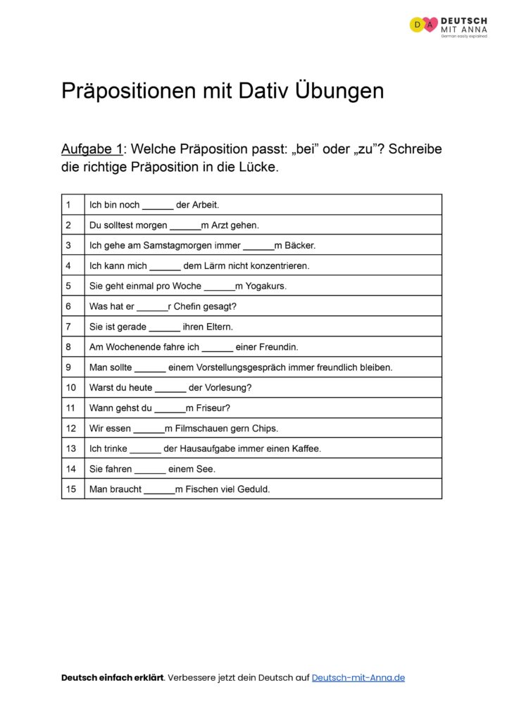 Präpositionen mit Dativ Übungen • mit Lösungen (A1 - B2) + PDF