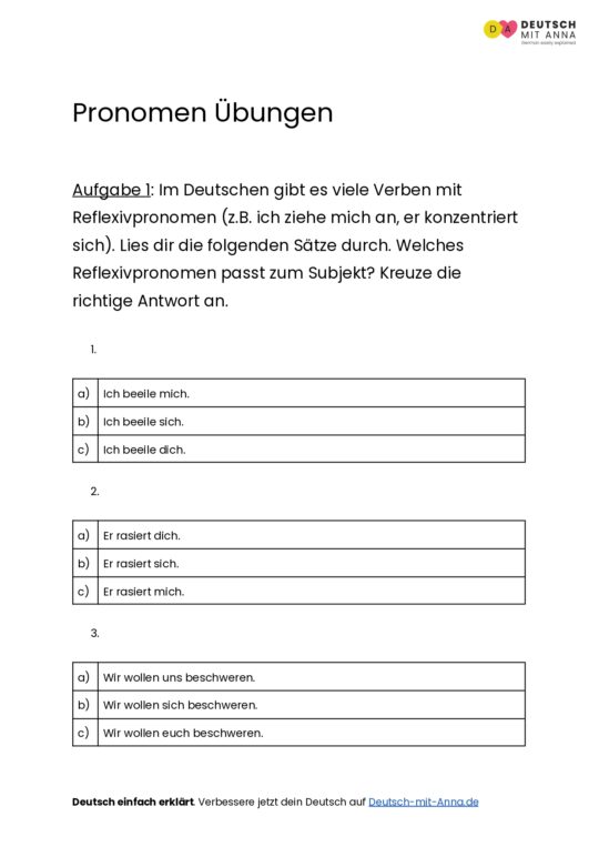 Interaktive Pronomen Übungen mit Lösungen (A1 - B2) + PDF