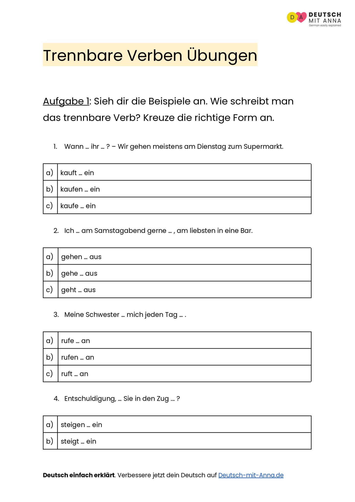 Trennbare Verben Übungen • mit Lösungen (A1 - B2) + PDF