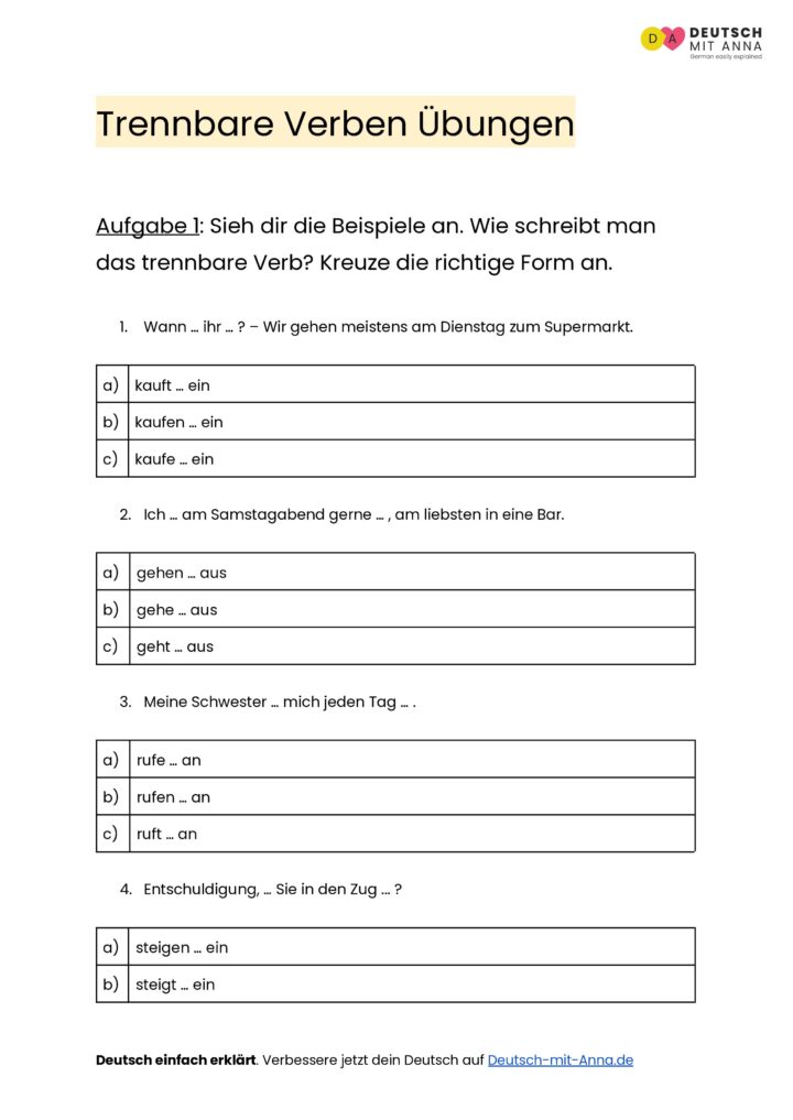 Trennbare Verben Übungen • mit Lösungen (A1 - B2) + PDF