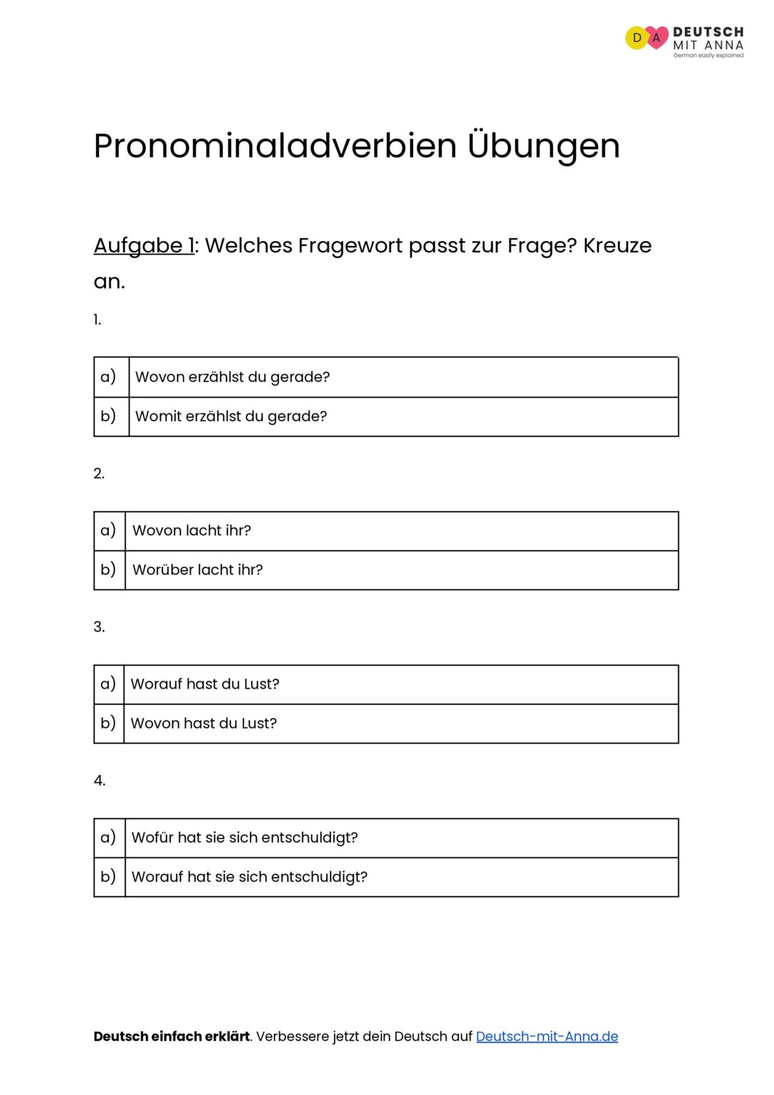 Pronominaladverbien Übungen • mit Lösungen (A1 - B2) + PDF