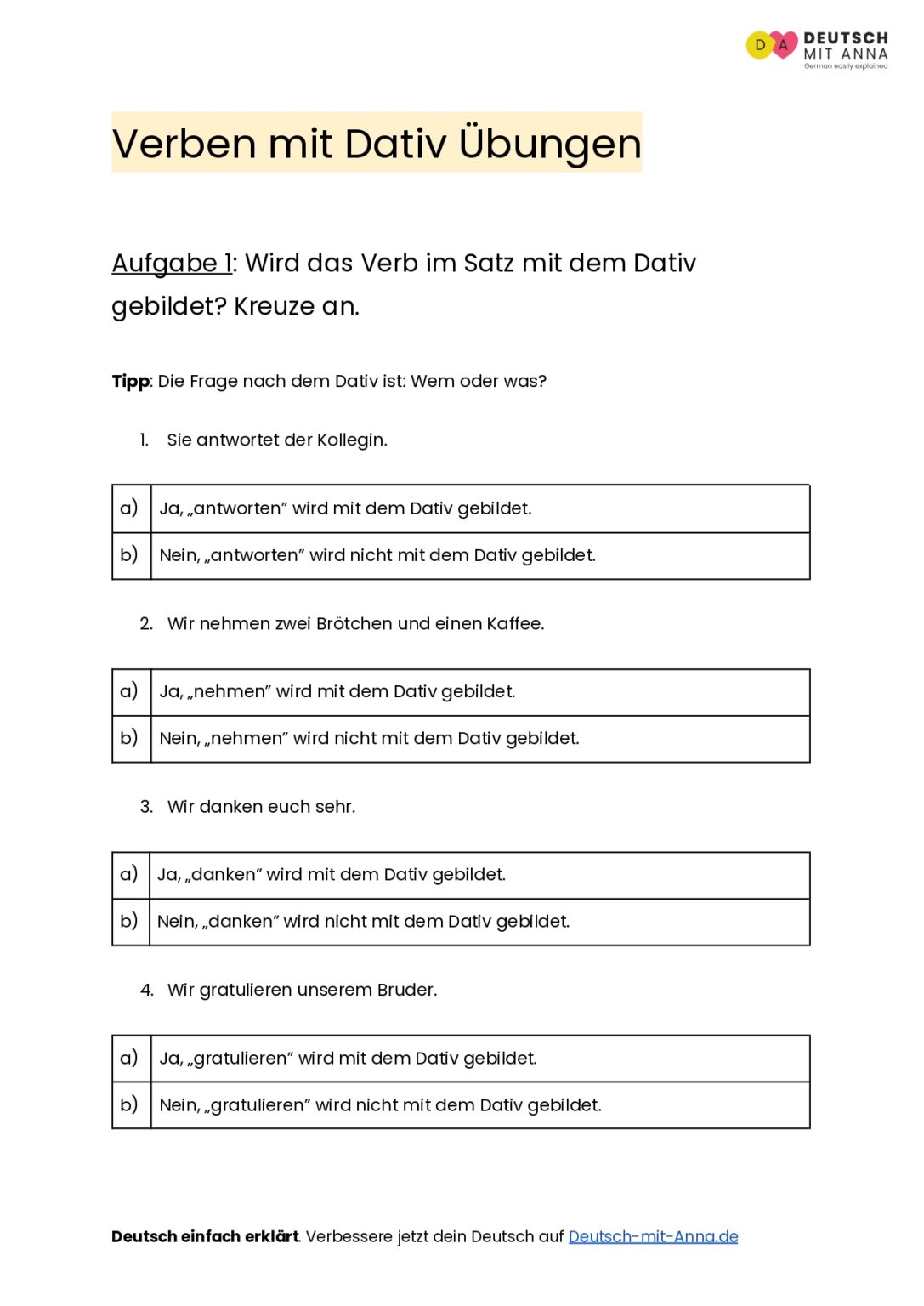 Verben mit Dativ Übungen • mit Lösungen (A1 - B2) + PDF