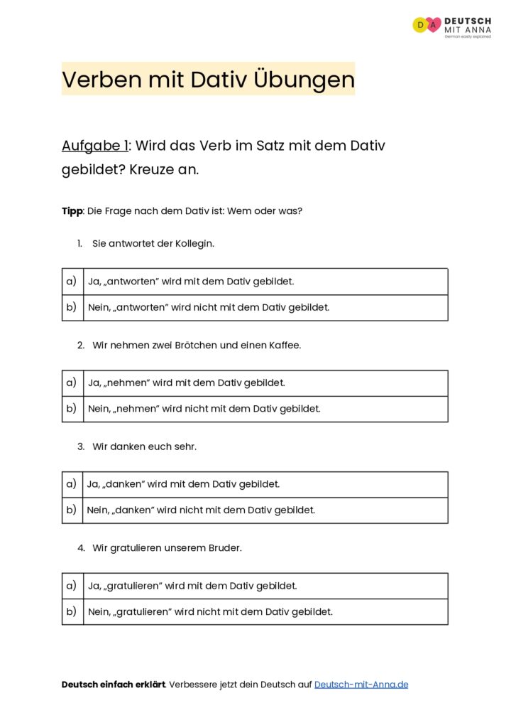 Verben mit Dativ Übungen • mit Lösungen (A1 - B2) + PDF