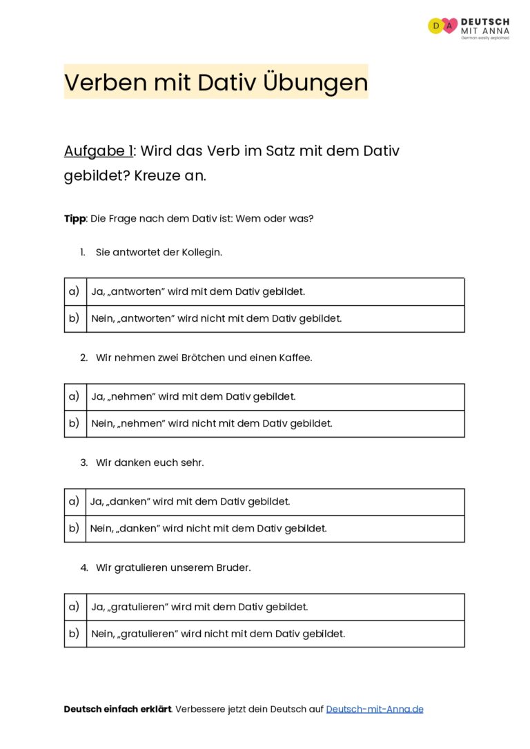 Verben mit Dativ Übungen • mit Lösungen (A1 - B2) + PDF