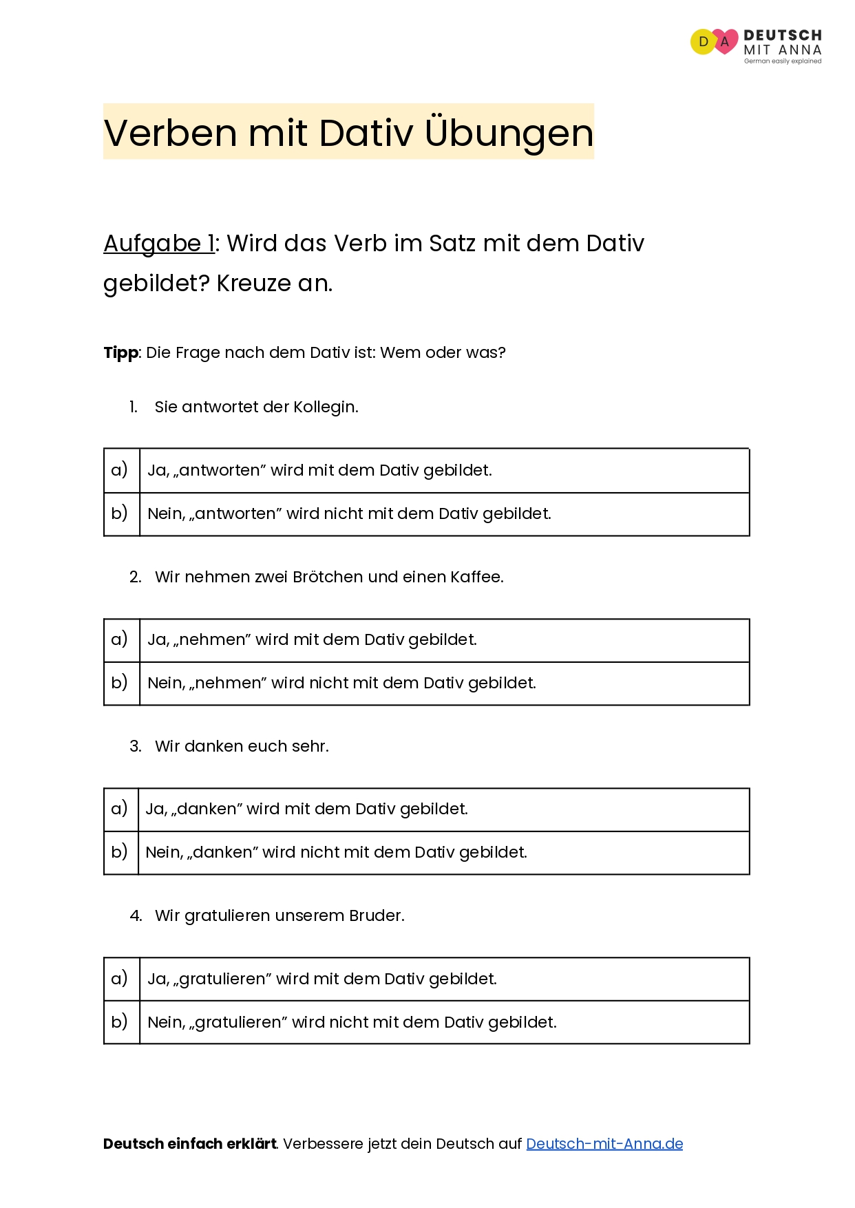 Verben mit Dativ Übungen • mit Lösungen (A1 - B2) + PDF
