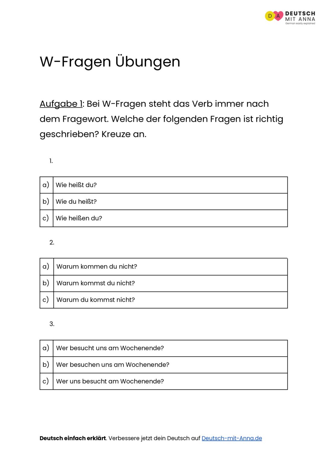 W-Fragen Übungen • mit Lösungen (A1 - B2) + PDF