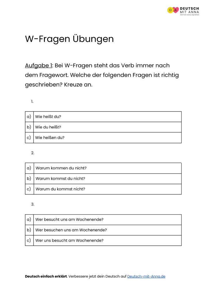 W-Fragen Übungen • mit Lösungen (A1 - B2) + PDF
