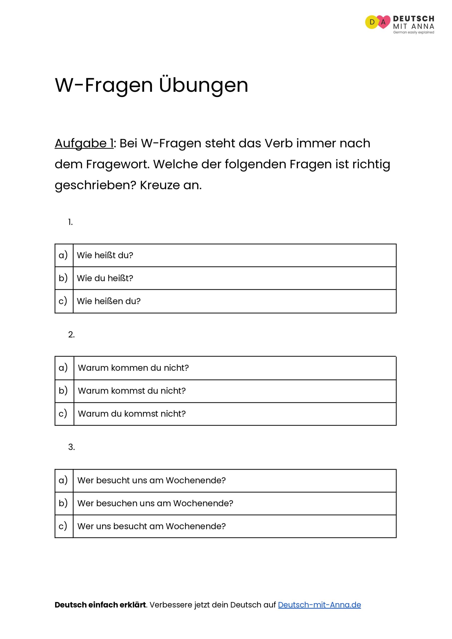 W-Fragen Übungen • mit Lösungen (A1 - B2) + PDF