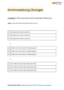 Kommasetzung Übungen • mit Lösungen (A1 - B2) + PDF