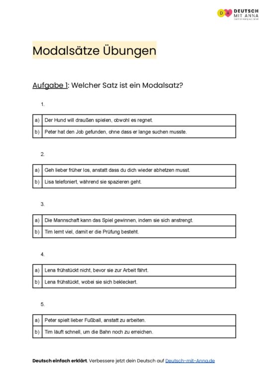 Modalsätze Übungen • mit Lösungen (A1 - B2) + PDF