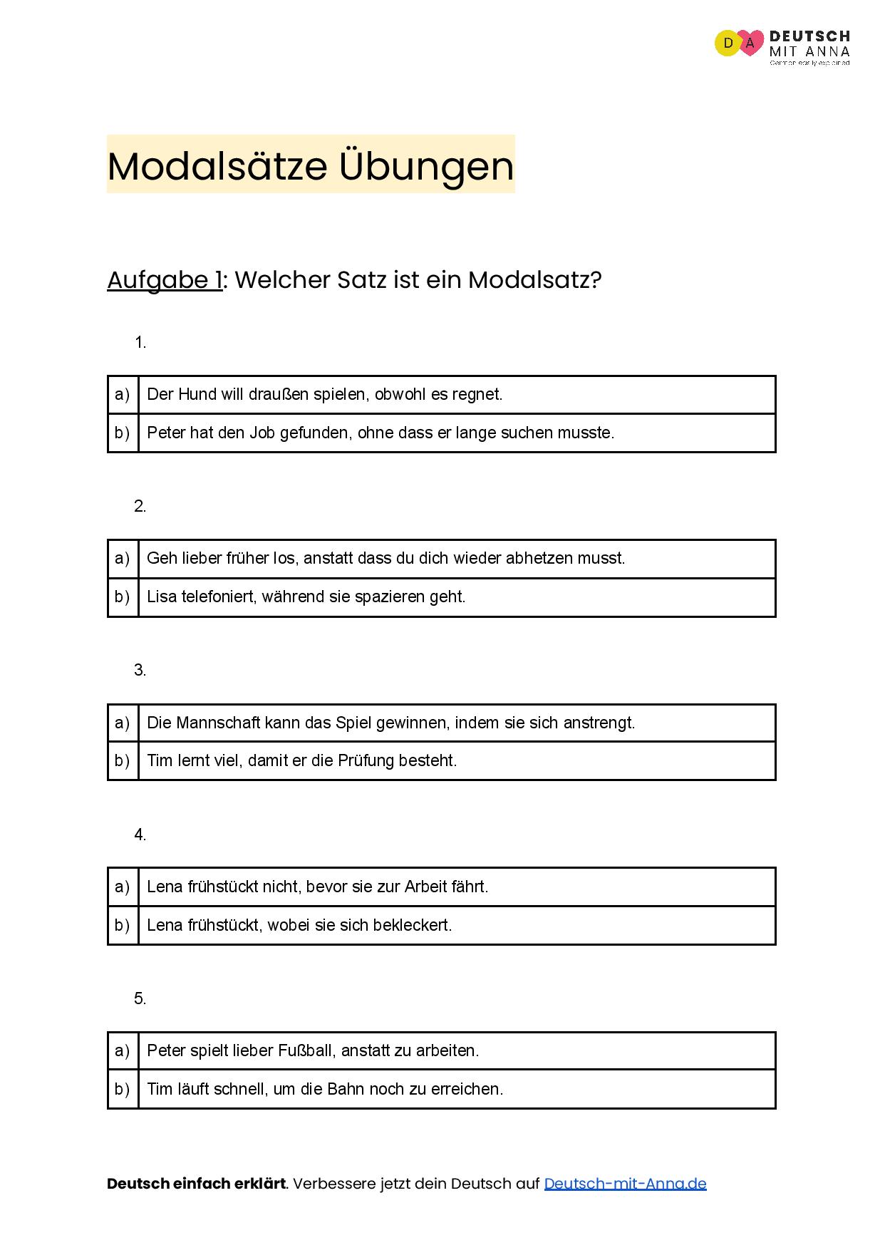 Modalsätze Übungen • mit Lösungen (A1 - B2) + PDF