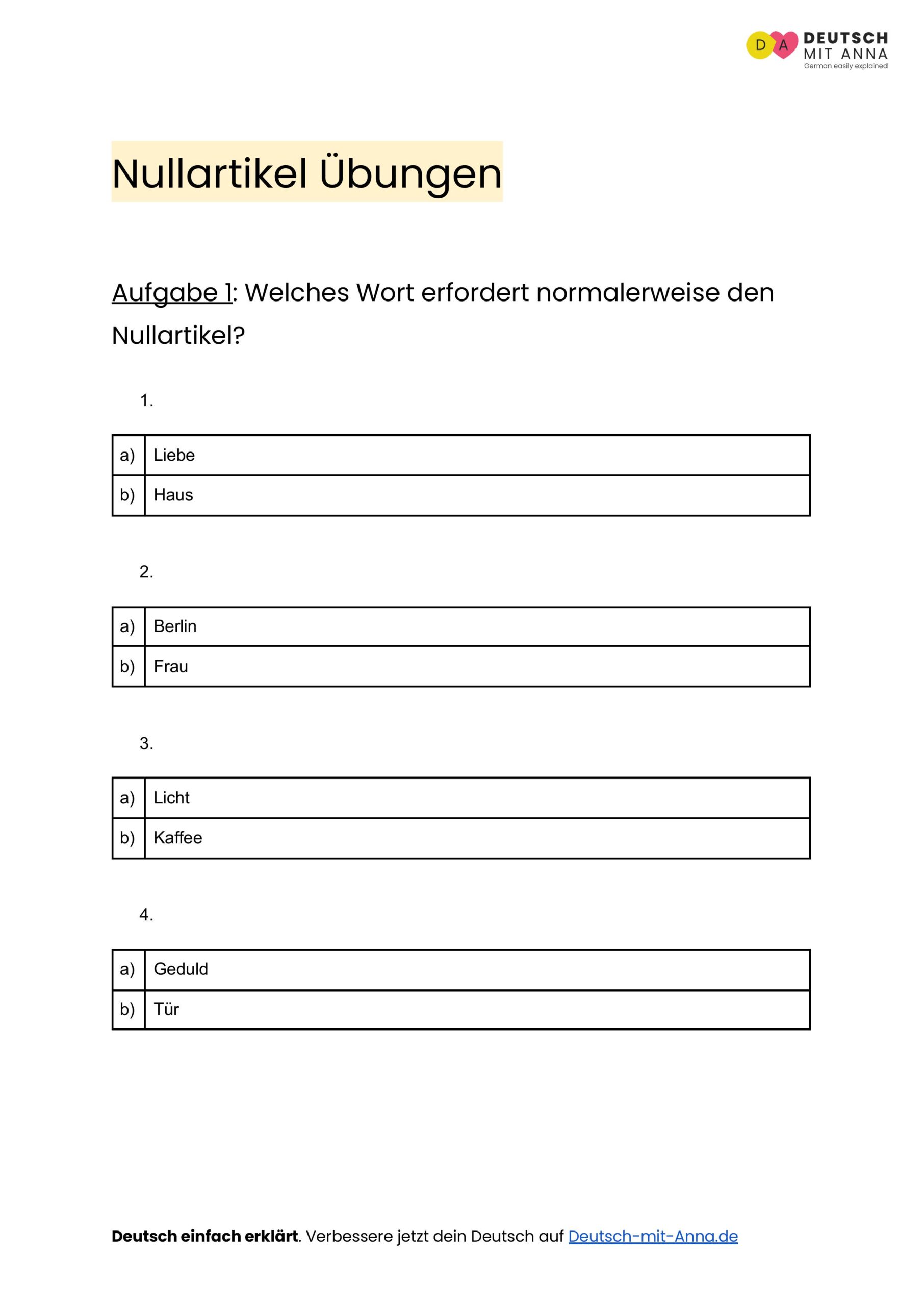 Nullartikel Übungen • mit Lösungen (A1 - B2) + PDF