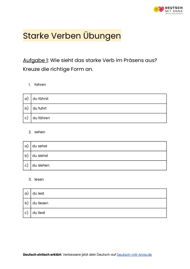 Starke Verben Übungen • mit Lösungen (A1 - B2) + PDF