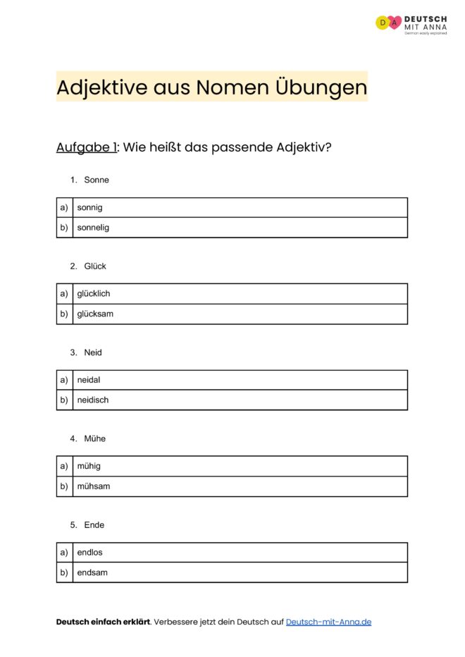 Adjektive aus Nomen Übungen • mit Lösungen (A1 - B2) + PDF