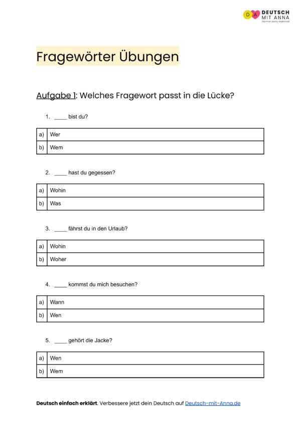 Fragewörter Übungen • mit Lösungen (A1 - B2) + PDF