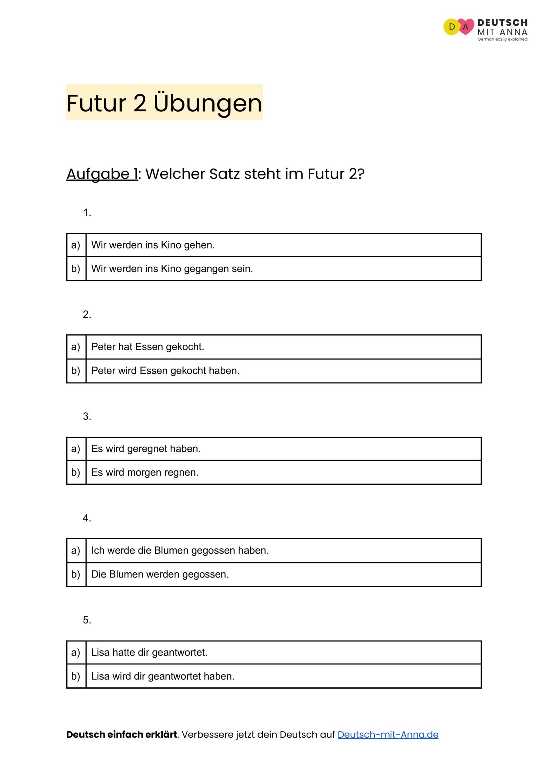 Futur 2 Übungen • mit Lösungen (A1 - B2) + PDF