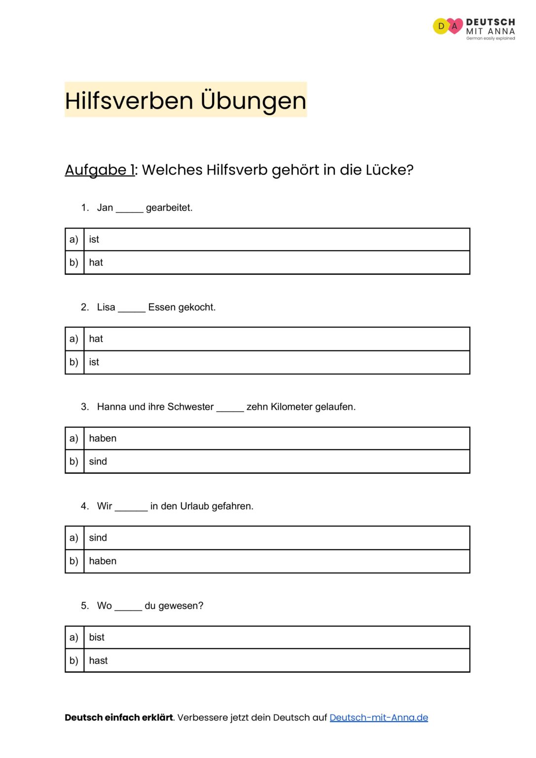 Hilfsverben Übungen • mit Lösungen (A1 - B2) + PDF