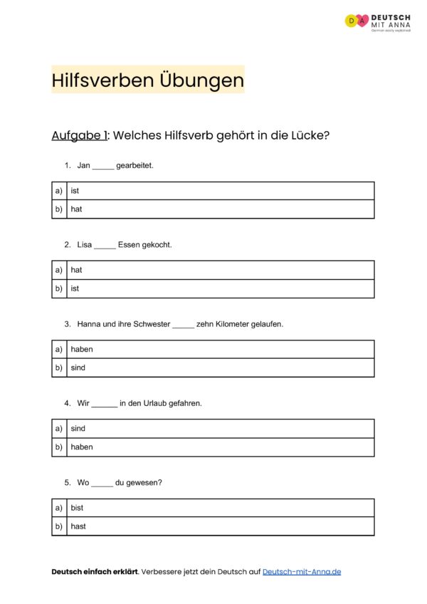 Hilfsverben Übungen • mit Lösungen (A1 - B2) + PDF