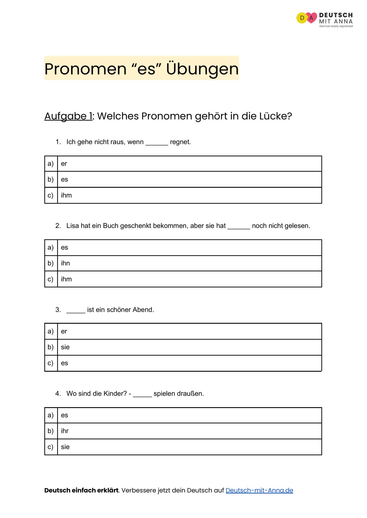 Pronomen "es" Übungen • mit Lösungen (A1 - B2) + PDF