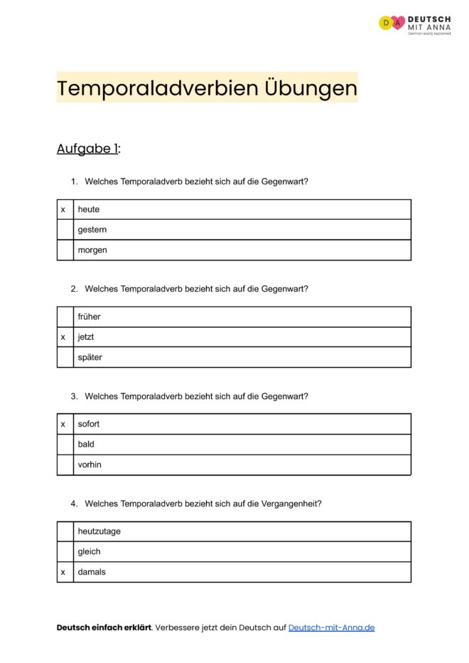 Temporaladverbien Übungen • mit Lösungen (A1 - B2) + PDF