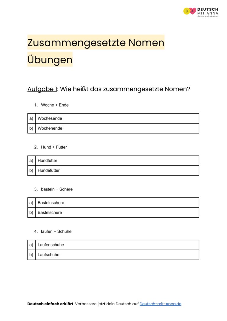 Zusammengesetzte Nomen Übungen • mit Lösungen (A1 - B2) + PDF