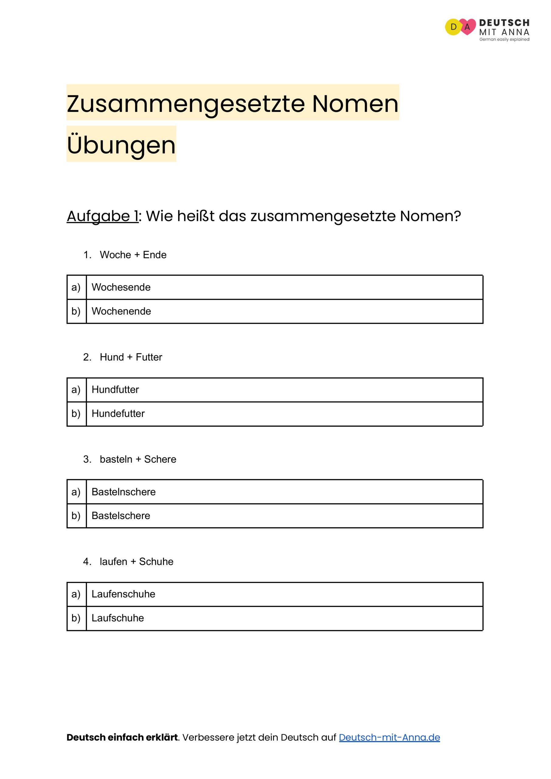 Zusammengesetzte Nomen Übungen • mit Lösungen (A1 - B2) + PDF