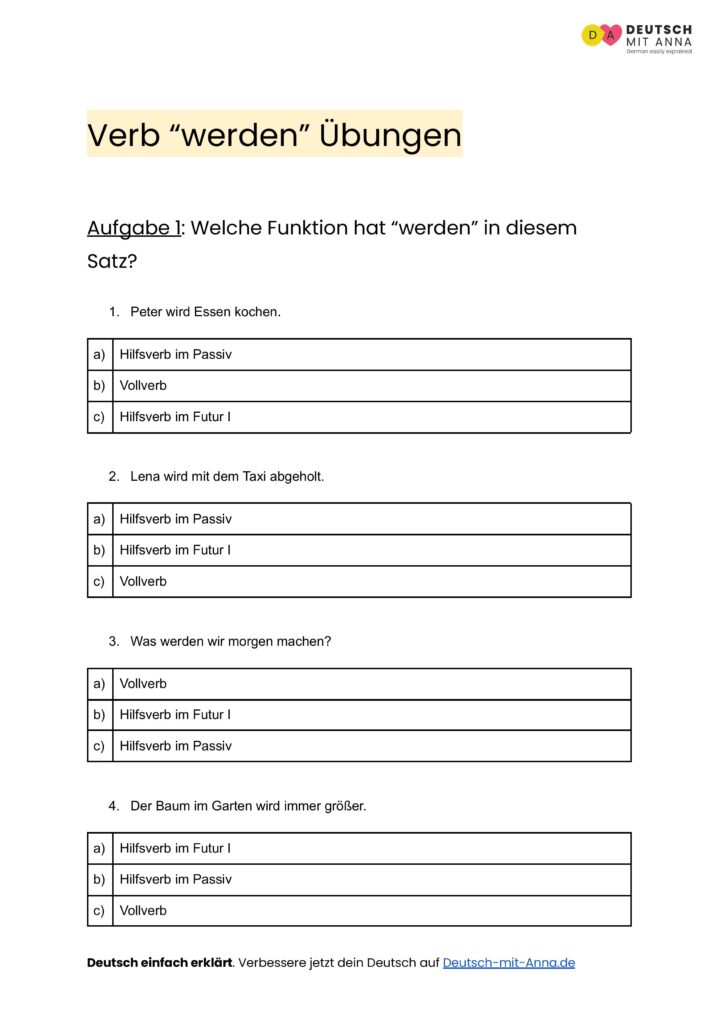 Verb "werden" Übungen • mit Lösungen (A1 - B2) + PDF